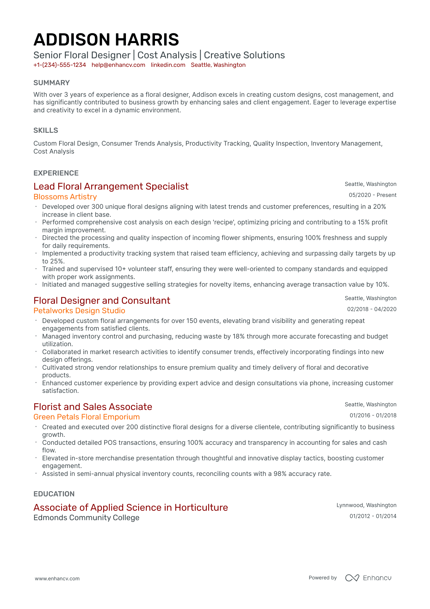 10 Floral Designer Resume Examples & Guide for 2026