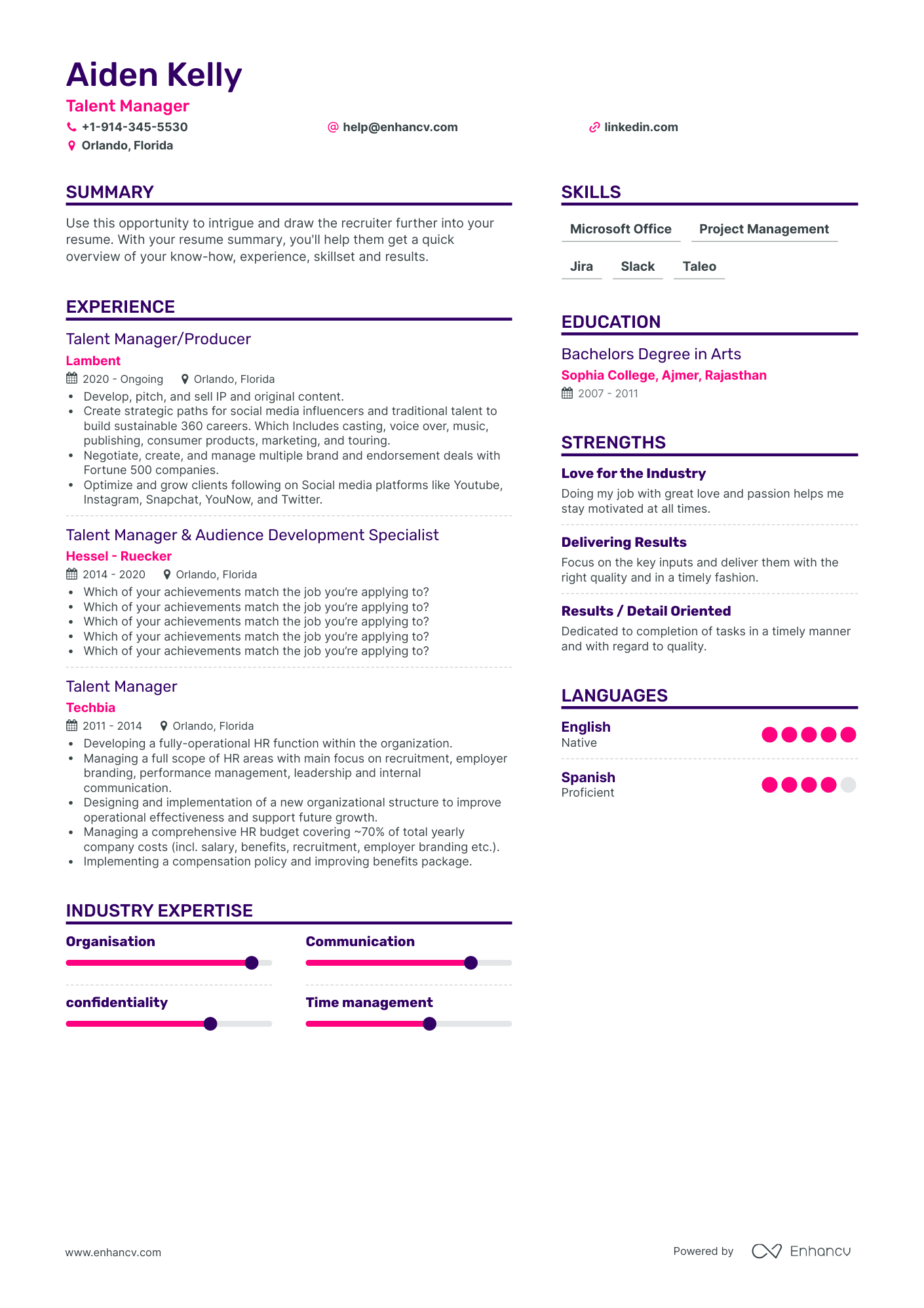 Talent Manager Resume Examples & Guide for 2023 (Layout, Skills ...