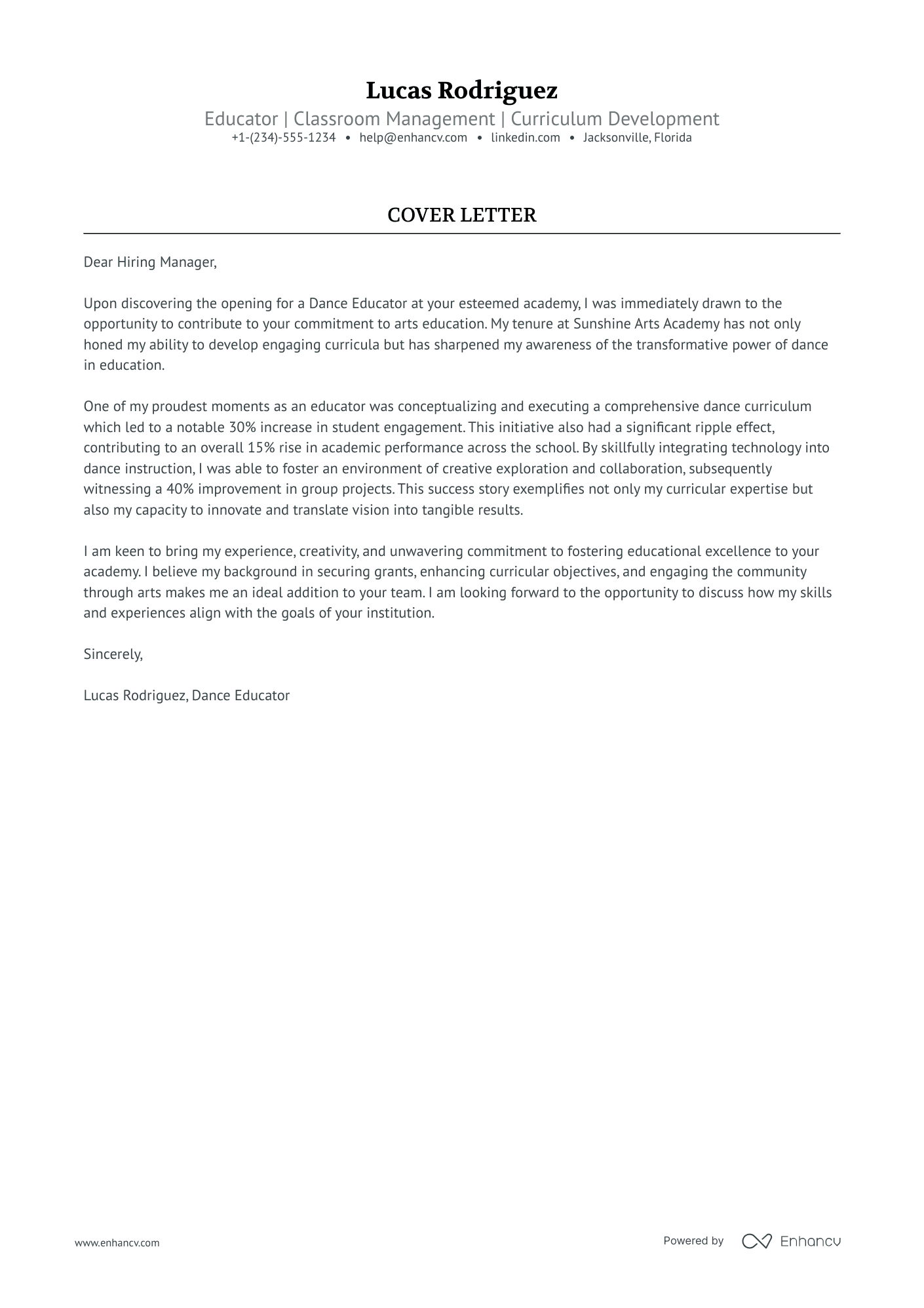 5 Professional Dance Cover Letter Examples and Template for 2024 | Enhancv