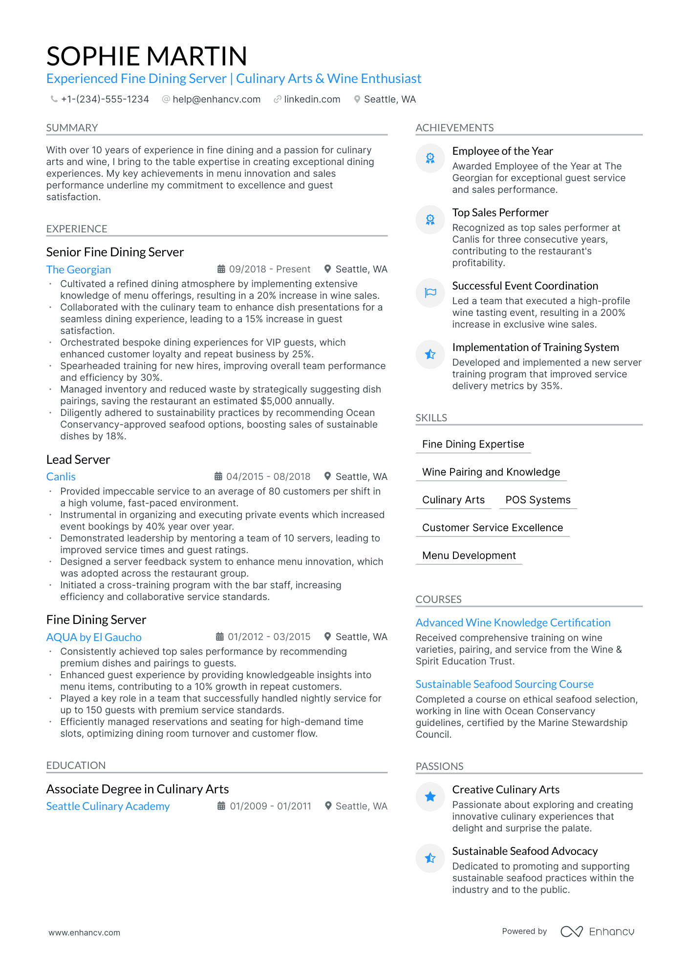 5 Fine Dining Server Resume Examples & Guide for 2024