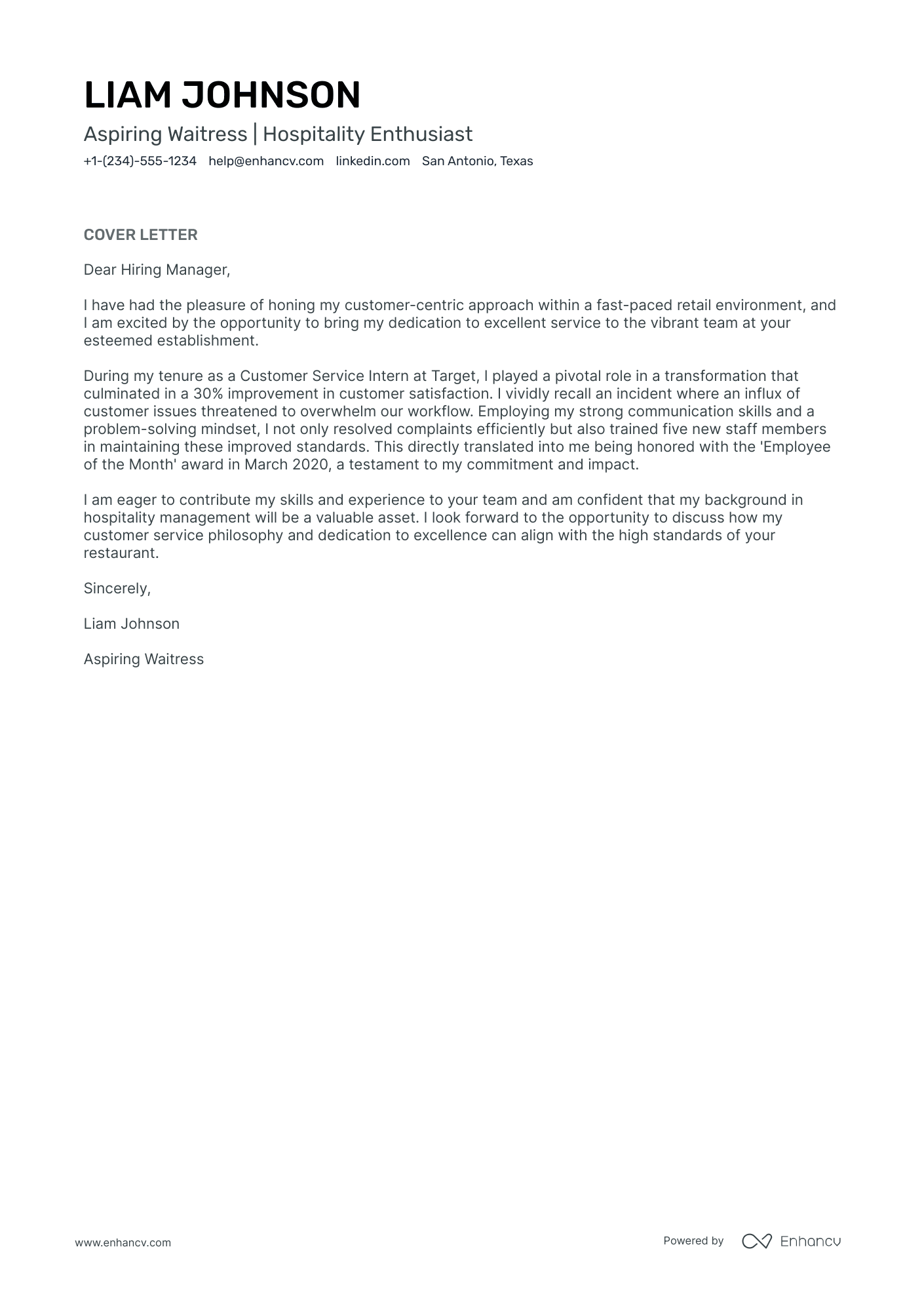 Waitress Cover Letter: Examples, Tips & Templates | Enhancv