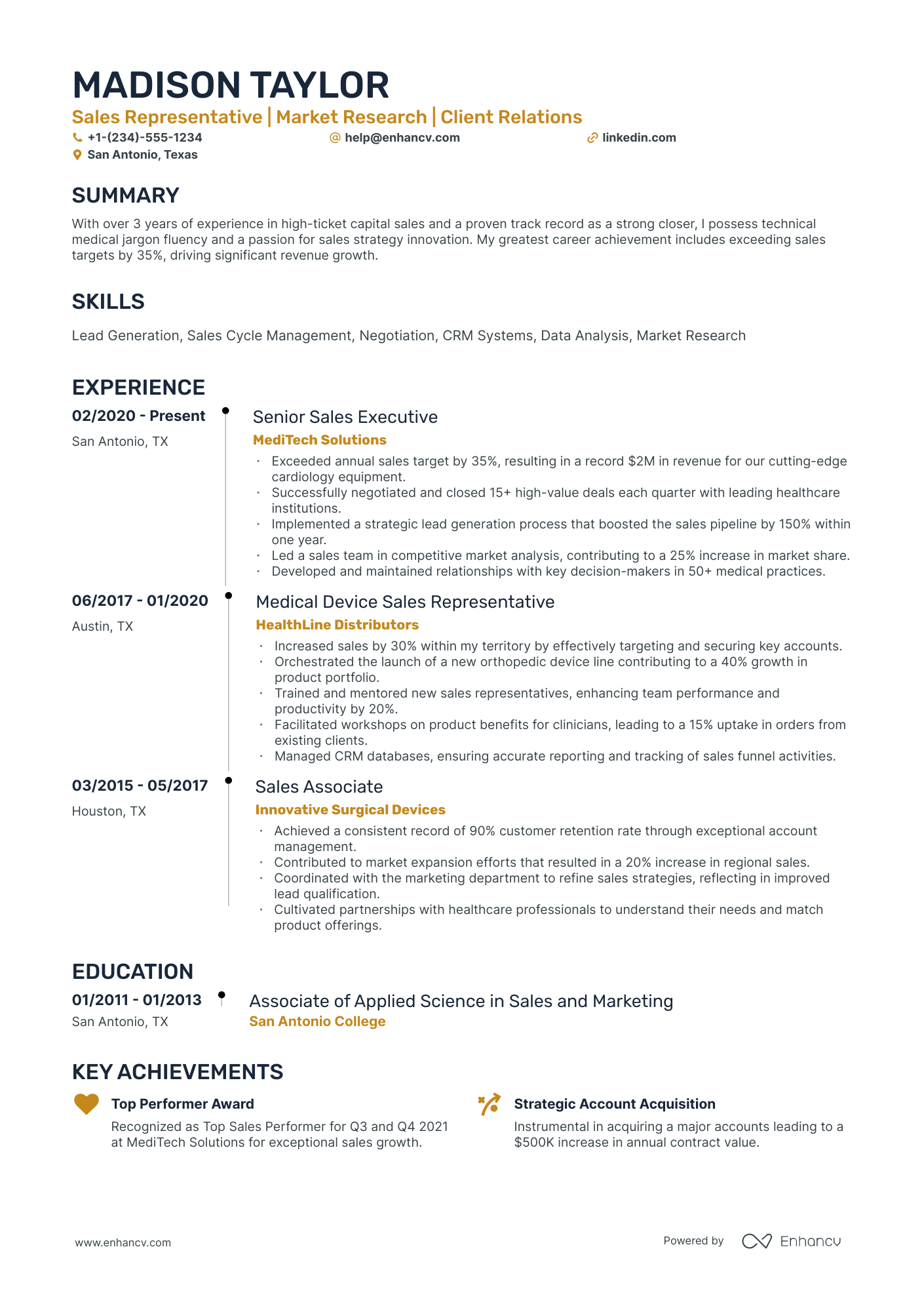 10 Medical Device Sales Representative Resume Examples & Guide for 2026