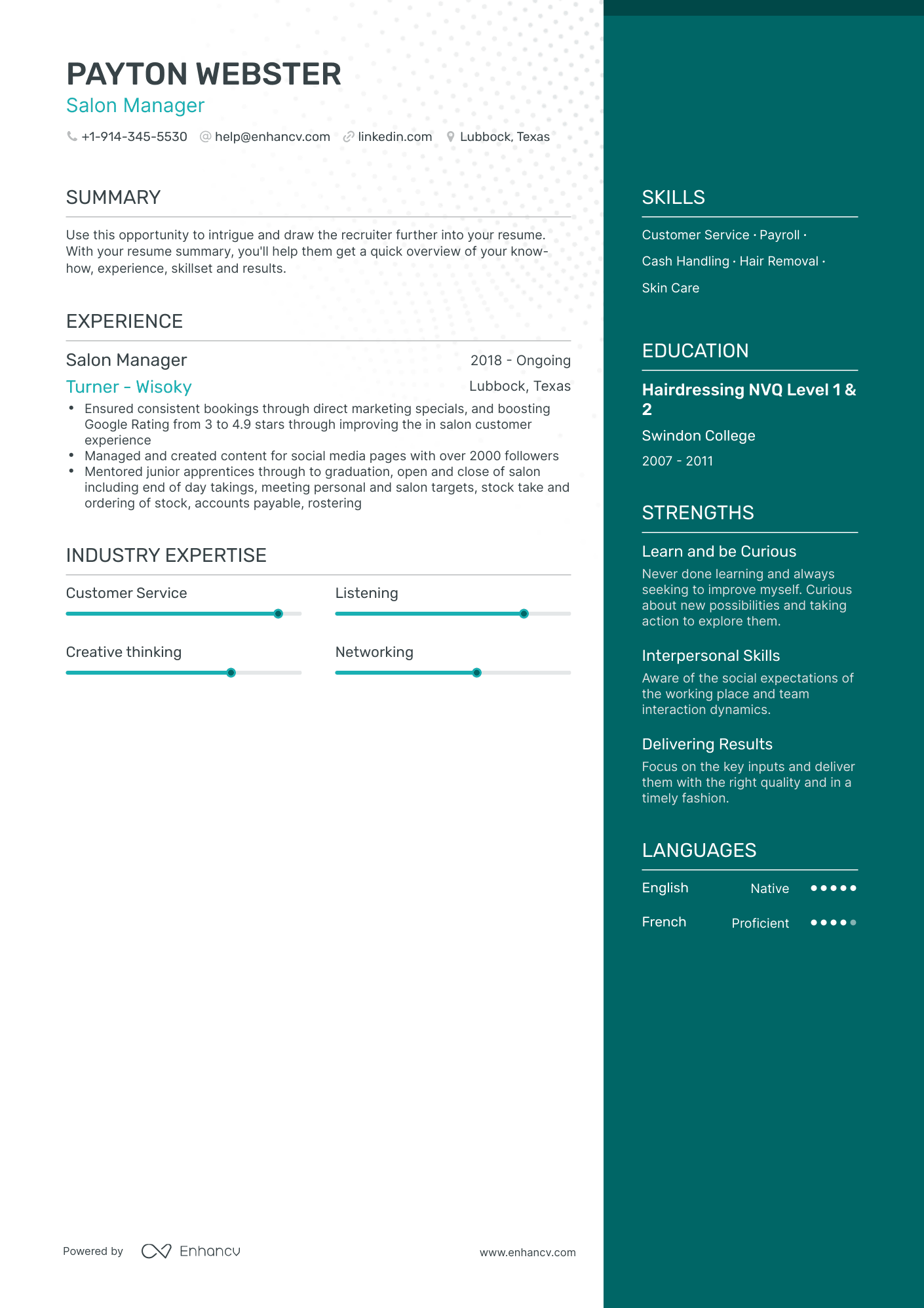 Salon Manager Resume Examples & Guide for 2023 (Layout, Skills ...
