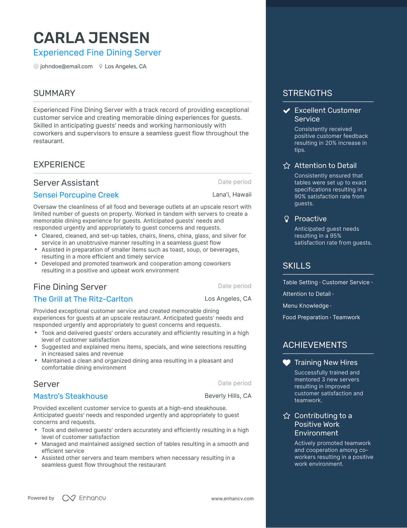 5 Fine Dining Server Resume Examples & Guide for 2024
