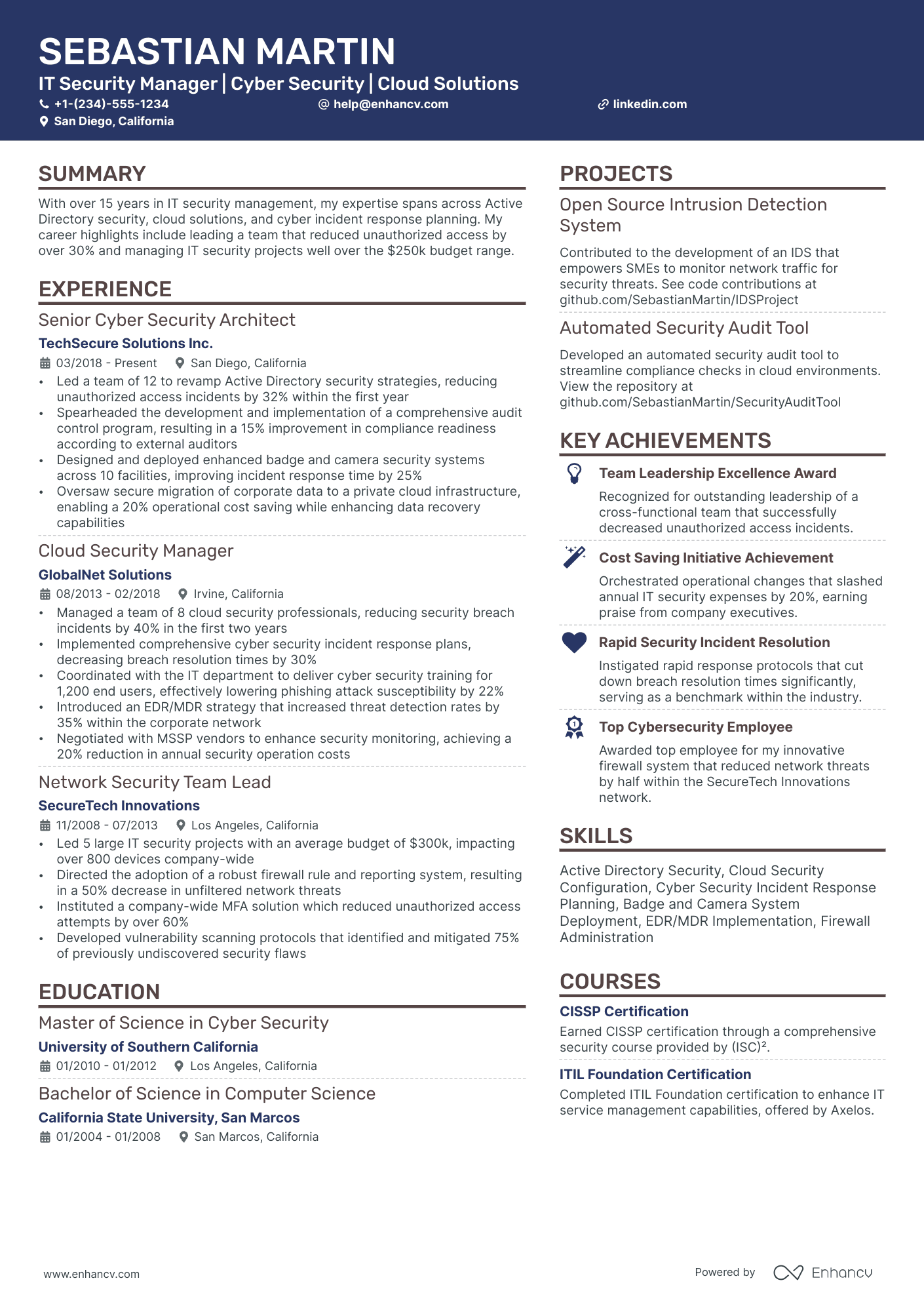 10 IT Security Manager Resume Examples & Guide for 2025