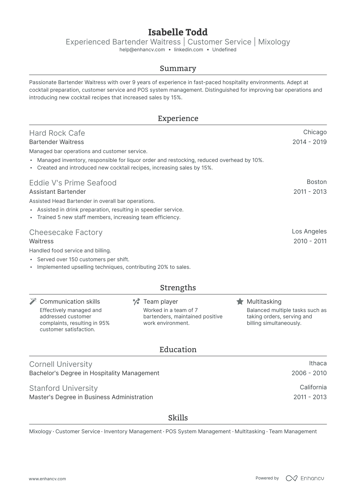 5 Bartender Waitress Resume Examples & Guide for 2024