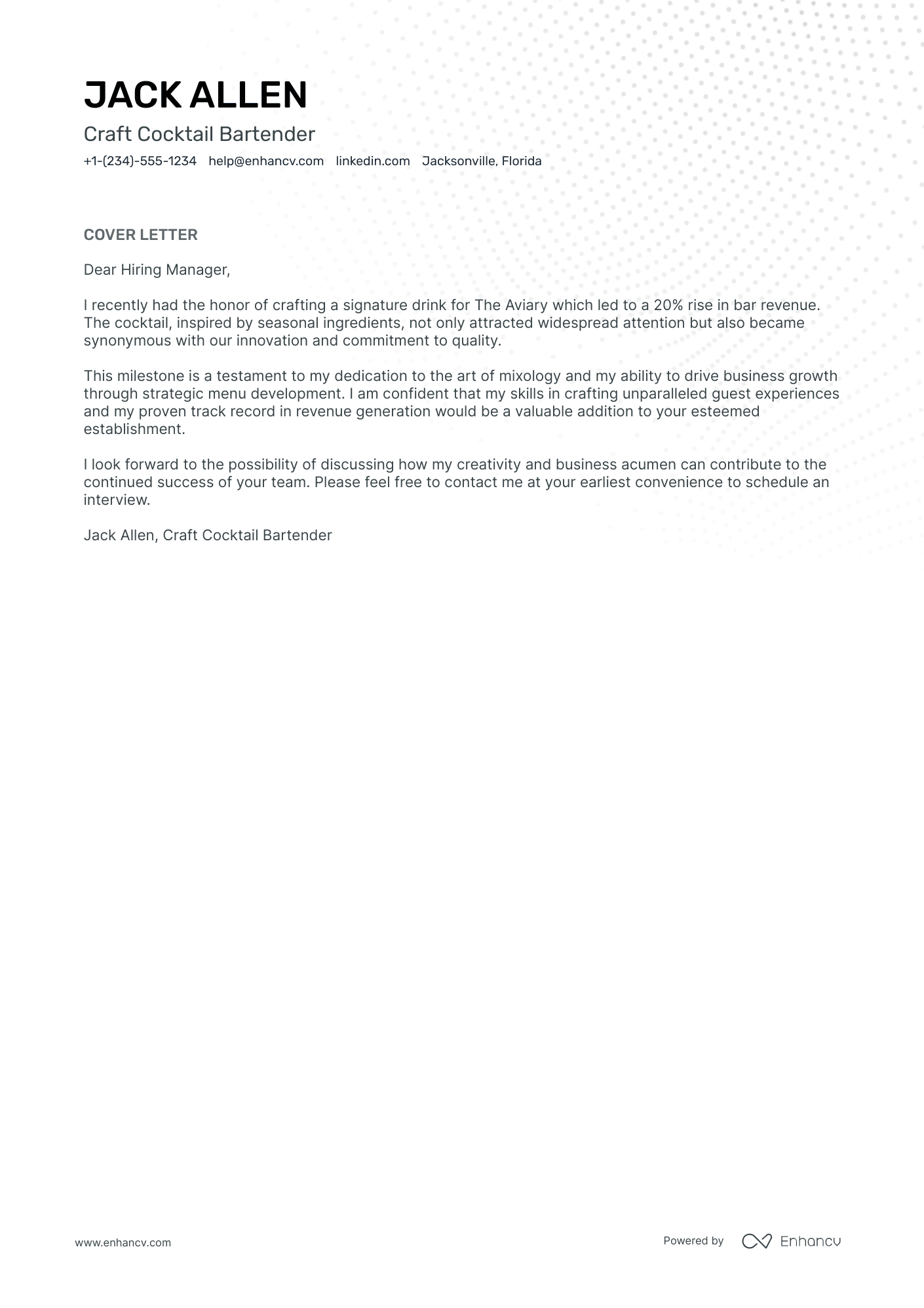 17 Professional Bartender Cover Letter Examples and Template for 2024 ...