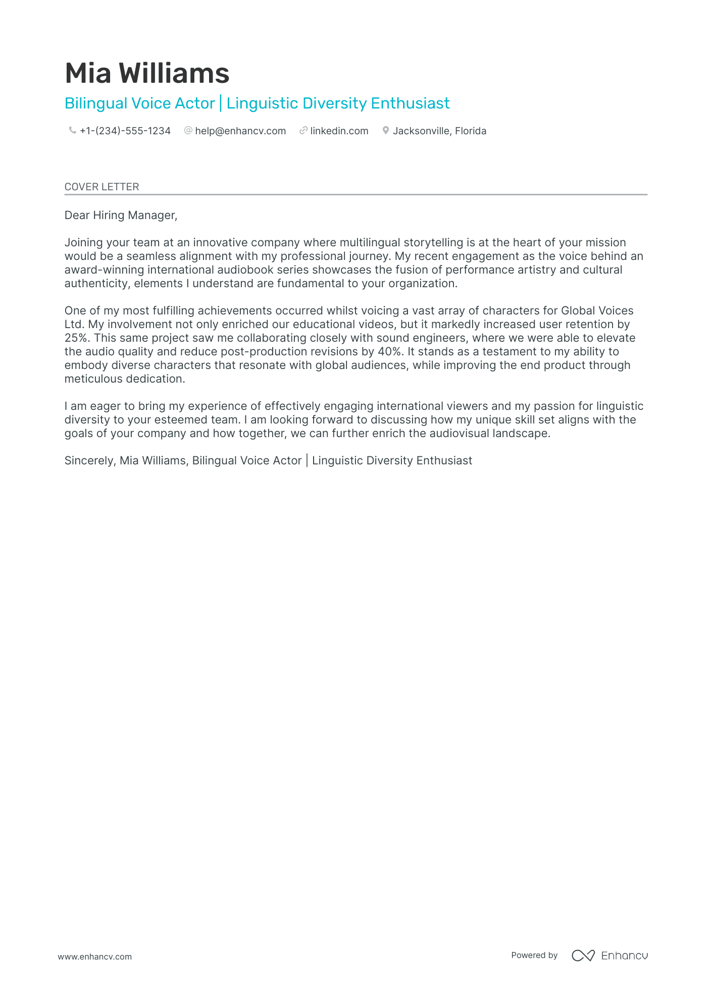 5 Professional Actor Cover Letter Examples and Template for 2024 | Enhancv