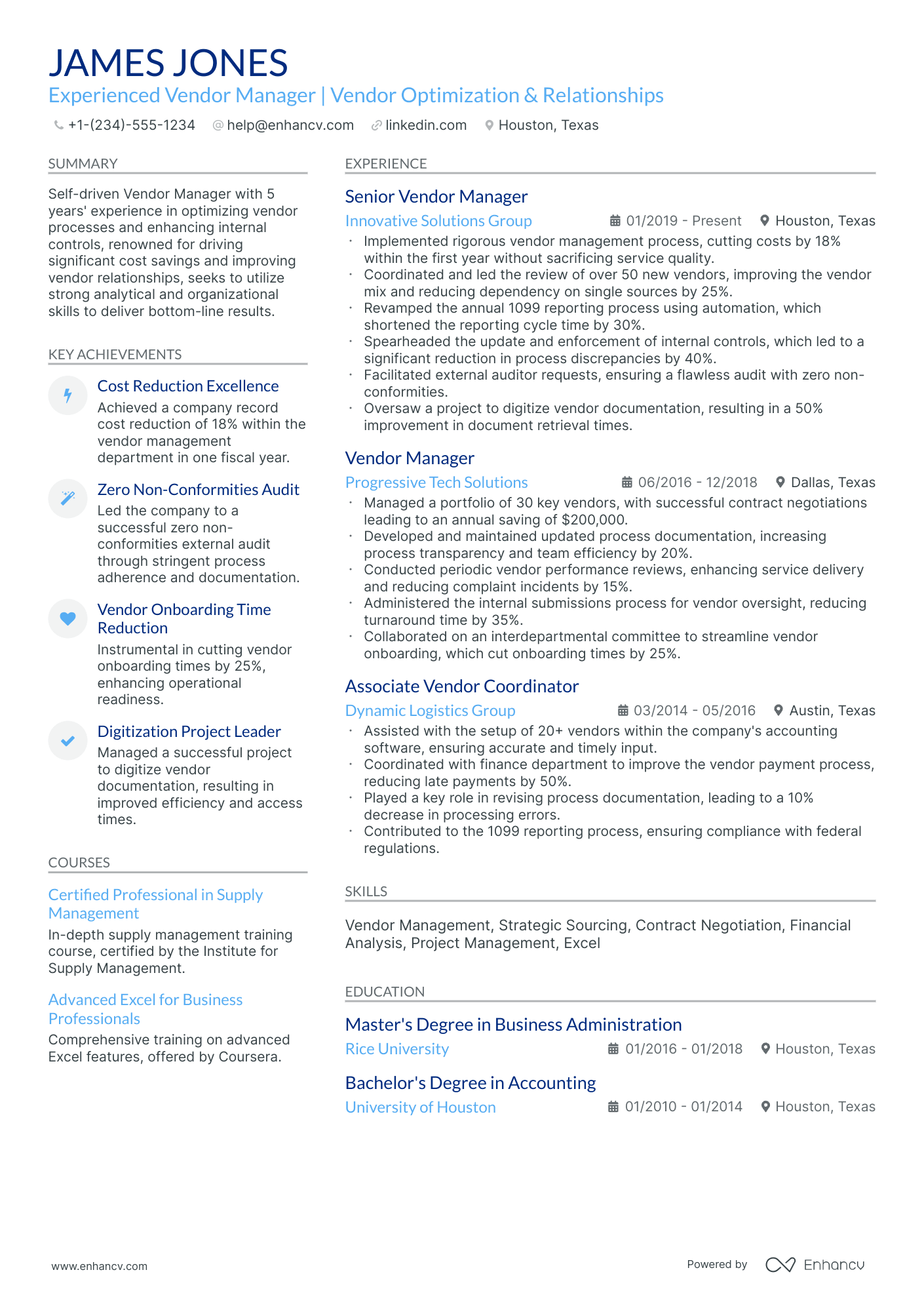 10 Vendor Manager Resume Examples & Guide for 2025