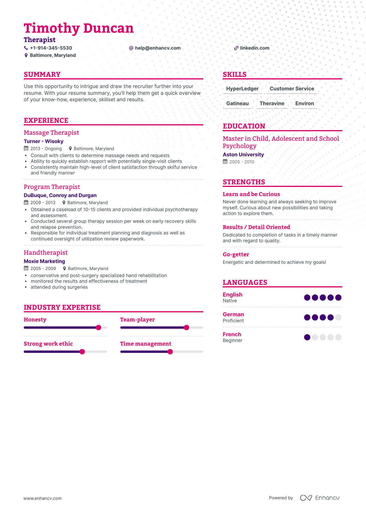 Top Therapist Resume Examples & Samples for 2023 | Enhancv.com (Layout ...