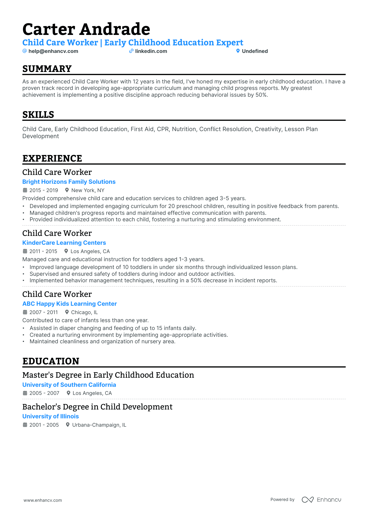 10 Child Care Worker Resume Examples & Guide for 2026