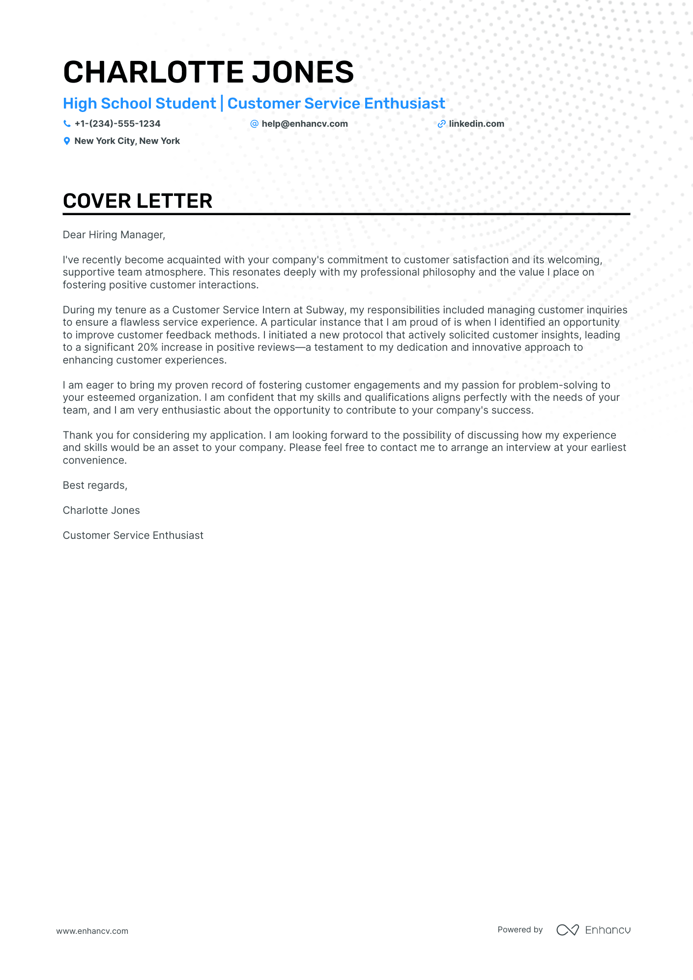 High School Student Cover Letter Examples for 2026 | Enhancv