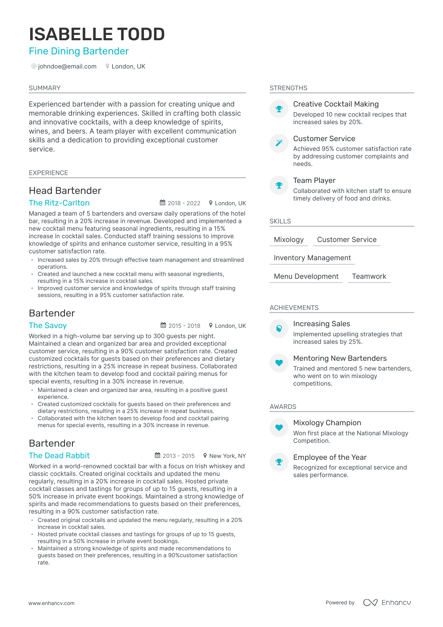 15 Bartender Resume Examples & Guide for 2024