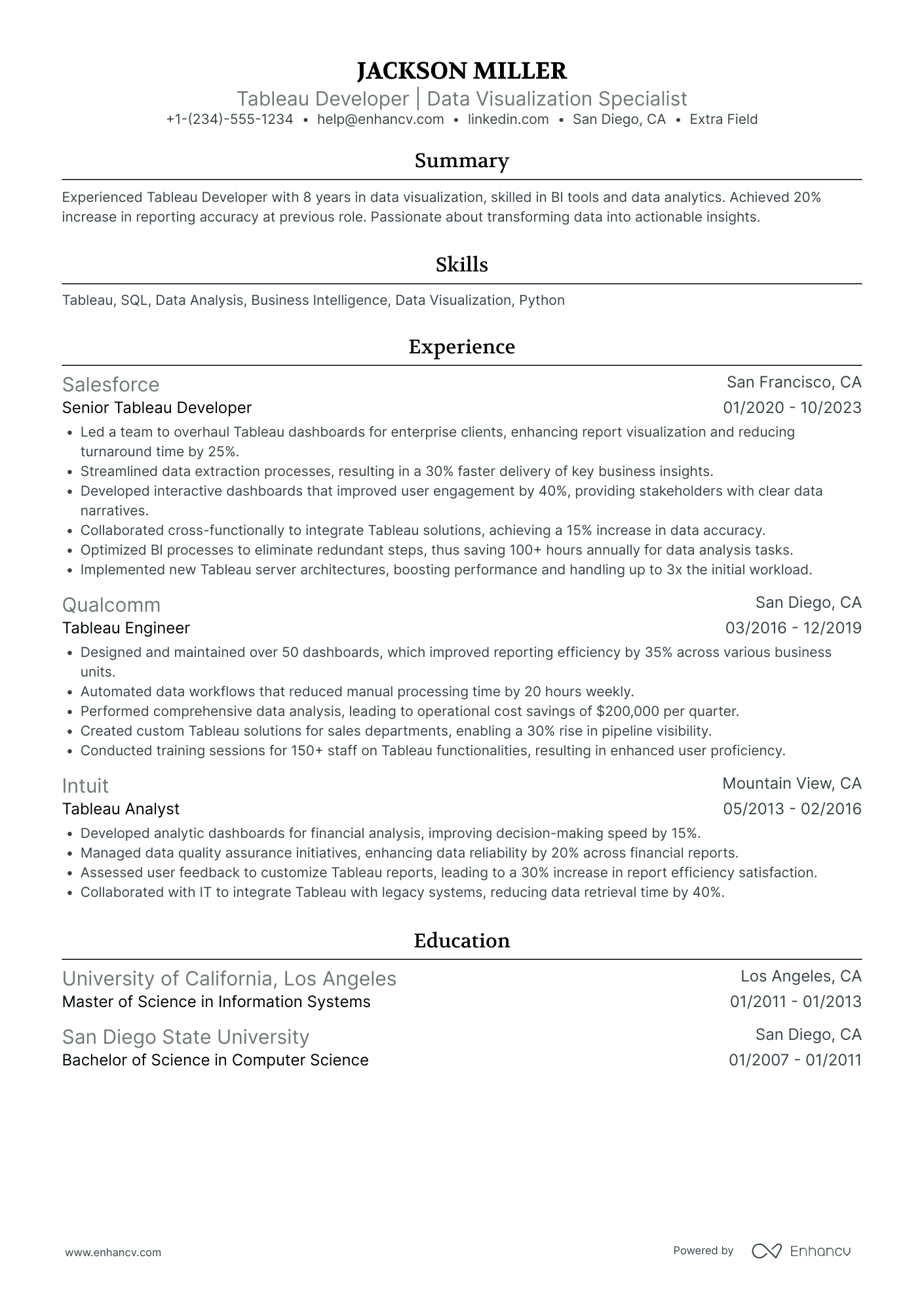 20 Tableau Developer Resume Examples & Guide for 2025
