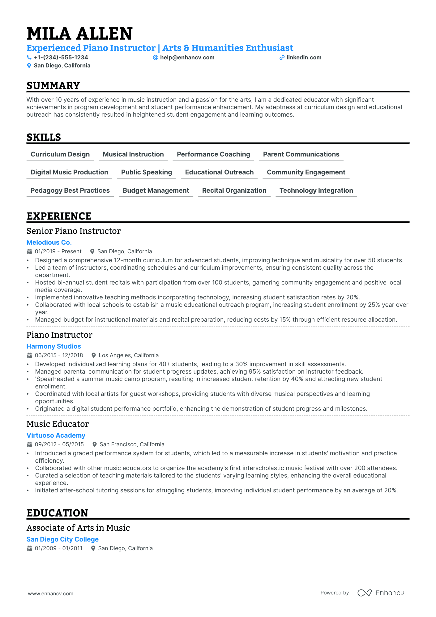 5 Piano Teacher Resume Examples & Guide for 2024