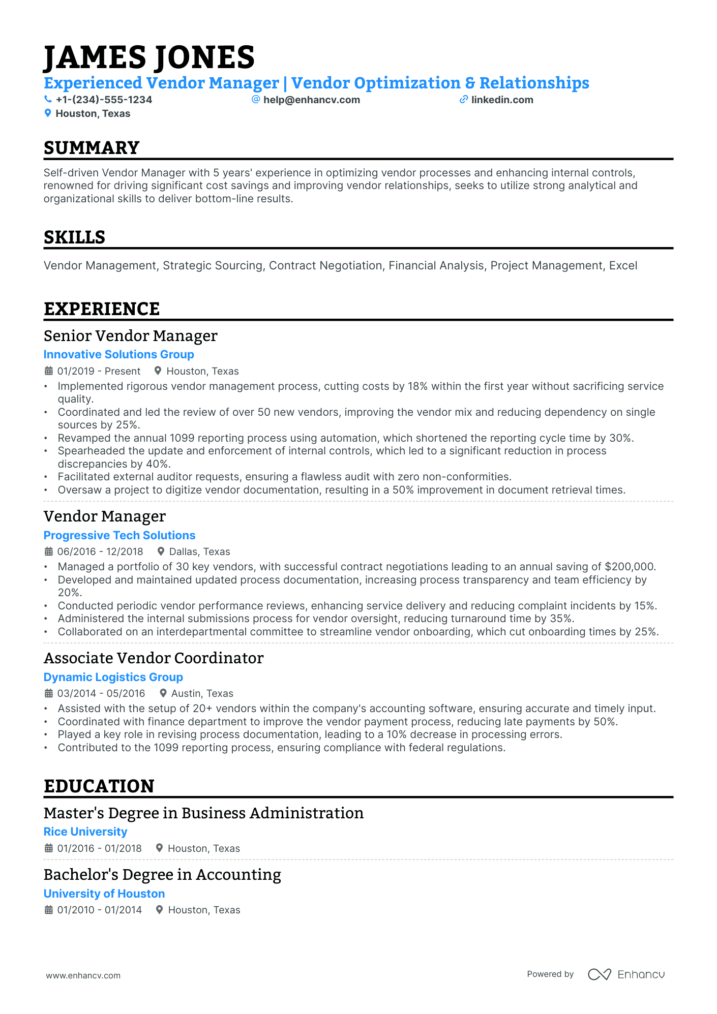 10 Vendor Manager Resume Examples & Guide for 2025