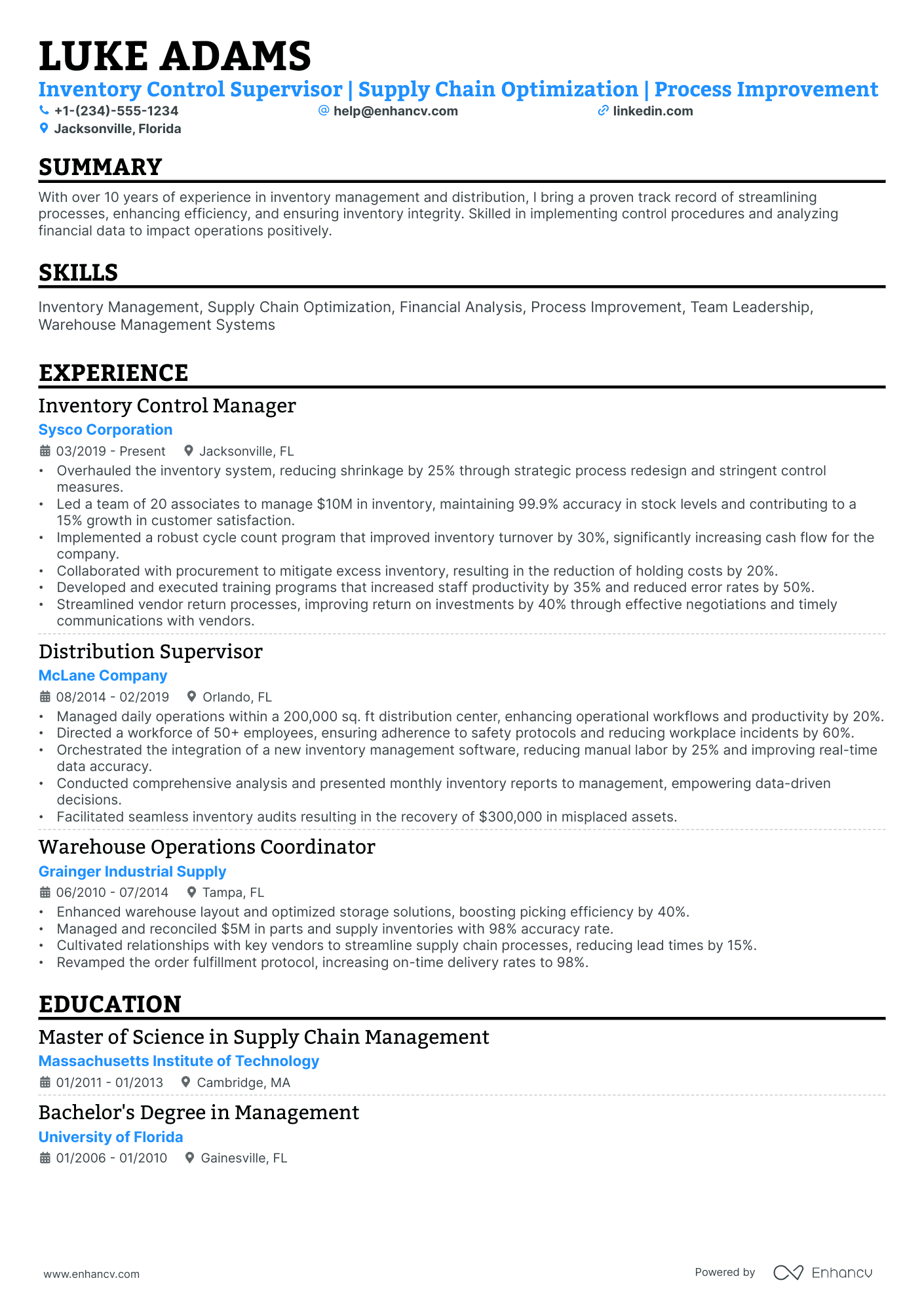 10 Inventory Control Manager Resume Examples & Guide for 2025