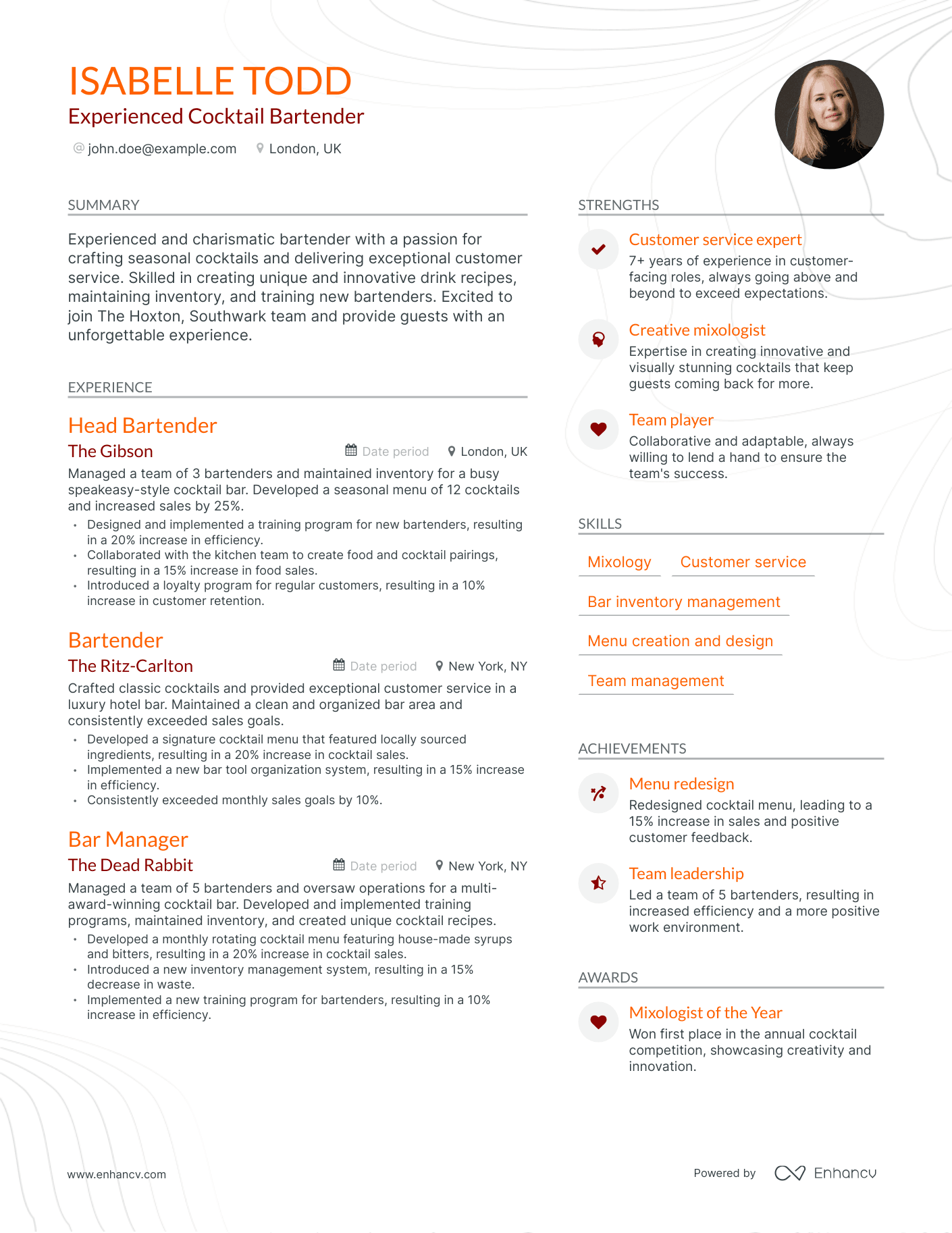 5 Cocktail Bartender Resume Examples & Guide for 2023
