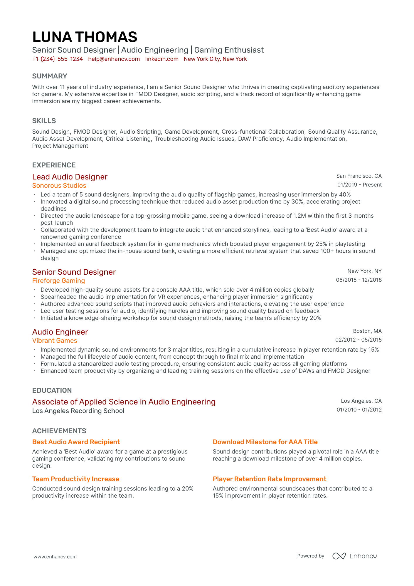 5 Sound Designer Resume Examples & Guide for 2024