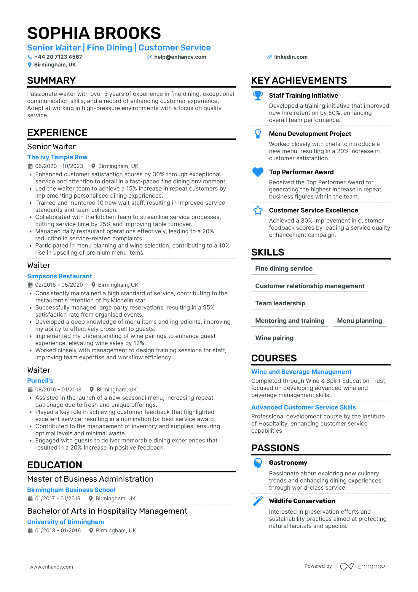 Waiter CV Examples & Guide for 2026