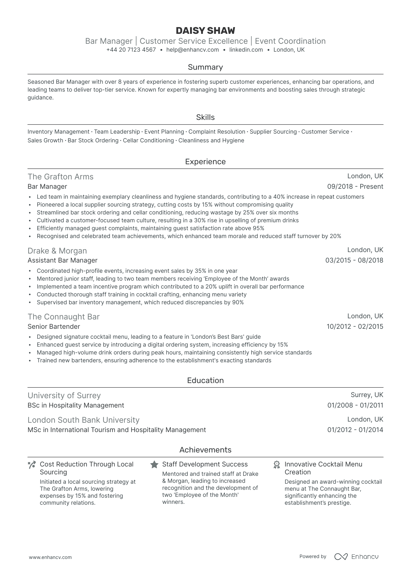 Bar Manager CV Examples & Guide for 2025