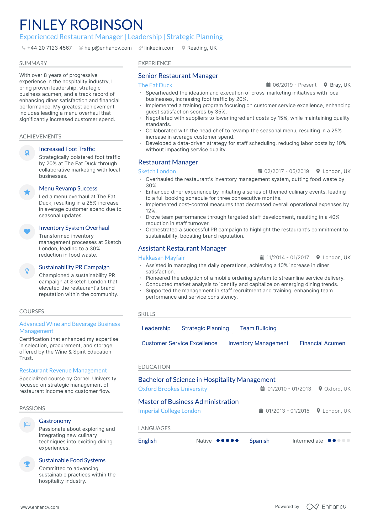 Restaurant General Manager CV Examples & Guide for 2025