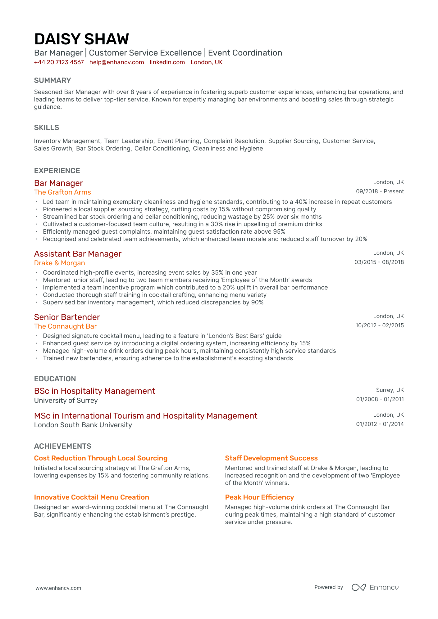 Bar Manager CV Examples & Guide for 2025