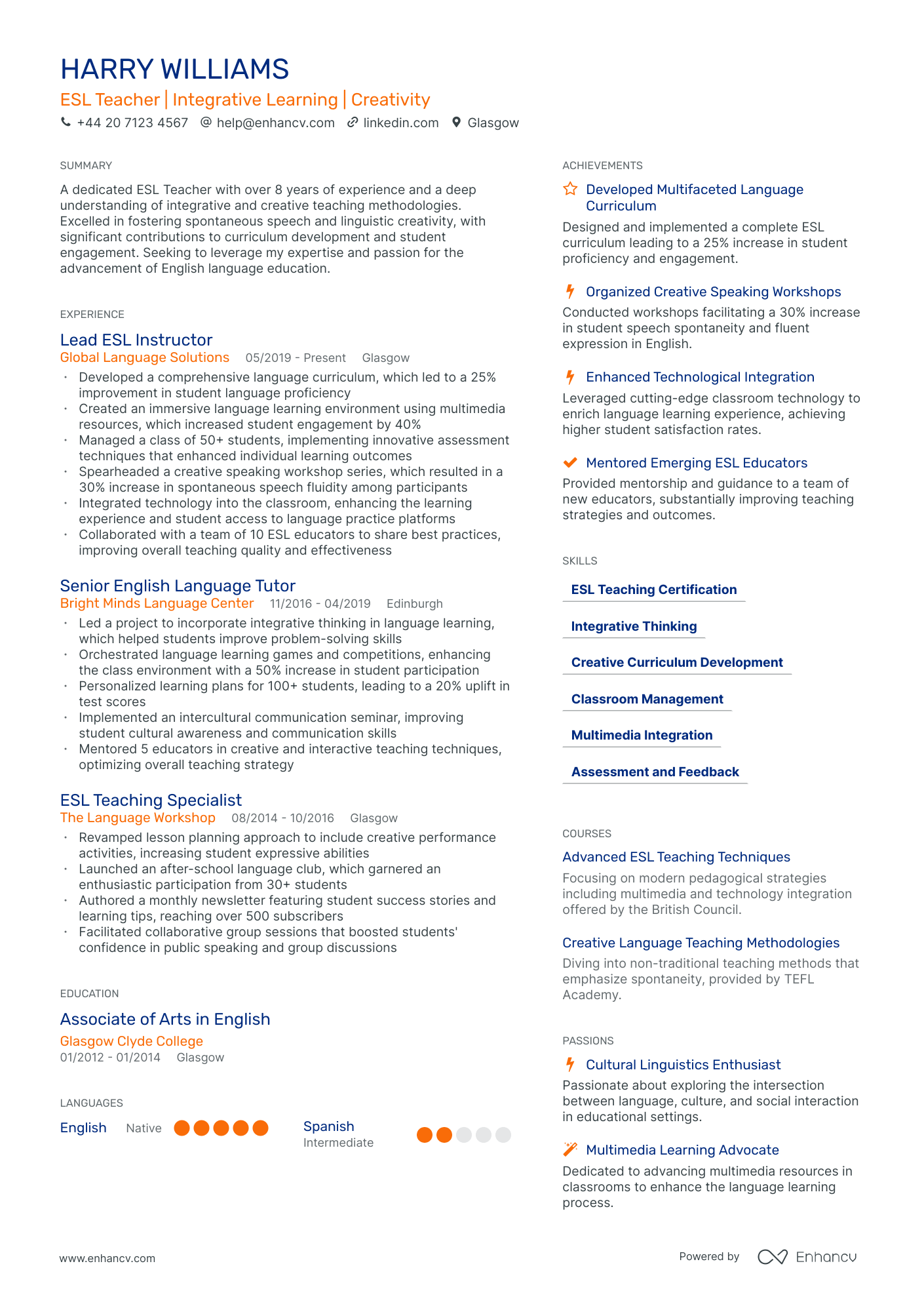 ESL Teacher CV Examples & Guide for 2025