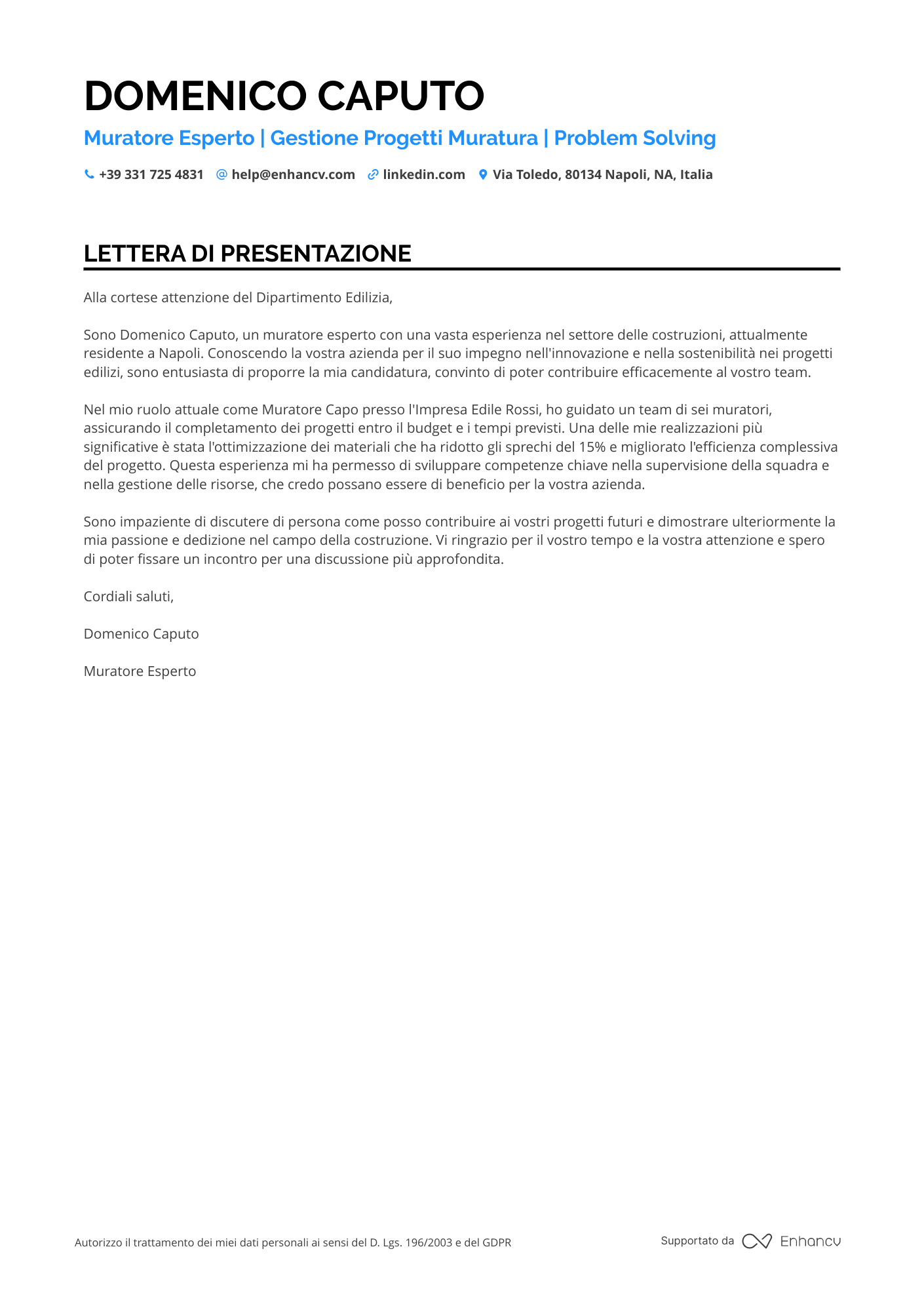 Esempi di Lettera di Presentazione per Muratore nel 2026