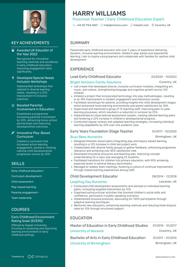 Preschool Teacher CV Examples & Guide for 2026