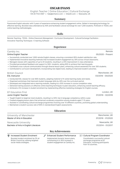 ESL Teacher CV Examples & Guide for 2026