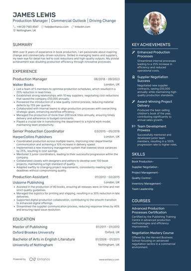 Production Manager CV Examples & Guide for 2026