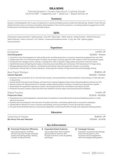 Cinematographer CV Examples & Guide for 2026