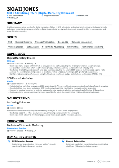 Marketing Intern CV Examples & Guide for 2026