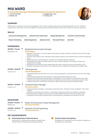 Construction Manager CV Examples & Guide for 2026
