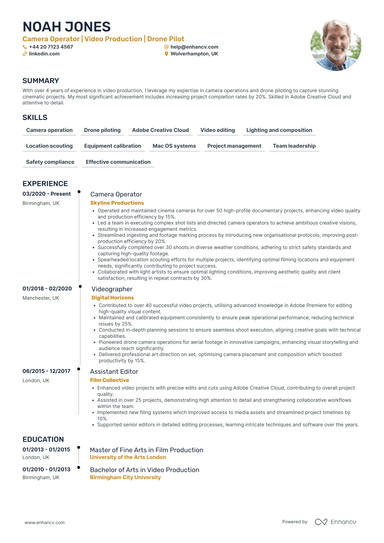 Cinematographer CV Examples & Guide for 2026