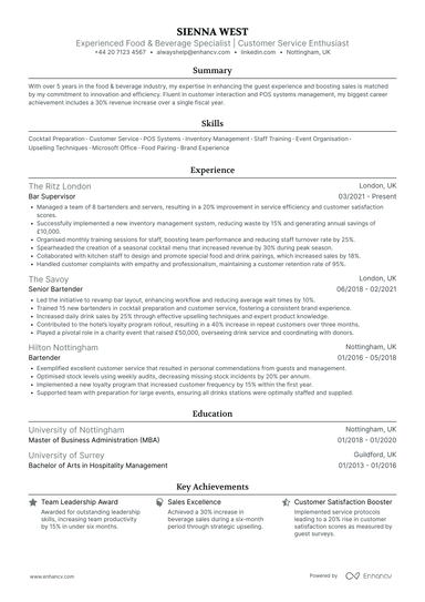 Bartender CV Examples & Guide for 2026