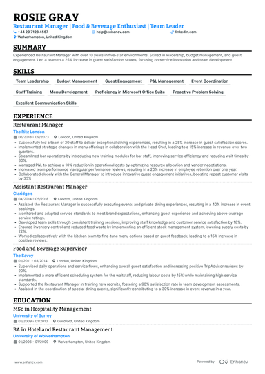 Restaurant Manager CV Examples & Guide for 2026