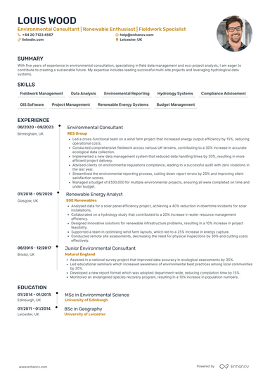 Environmental Consultant CV Examples & Guide for 2026