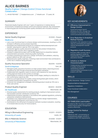 Quality Engineer CV Examples & Guide for 2026