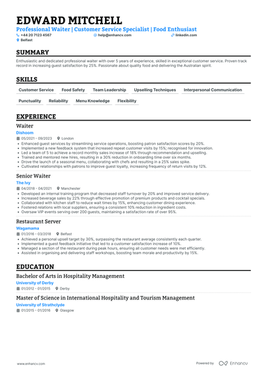 Waiter CV Examples & Guide for 2026