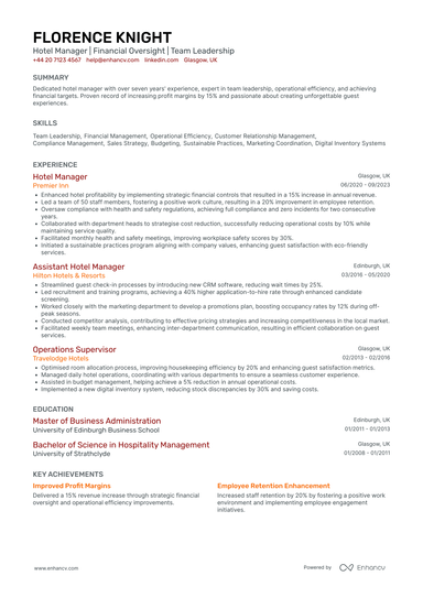 Hospitality Manager CV Examples & Guide for 2026