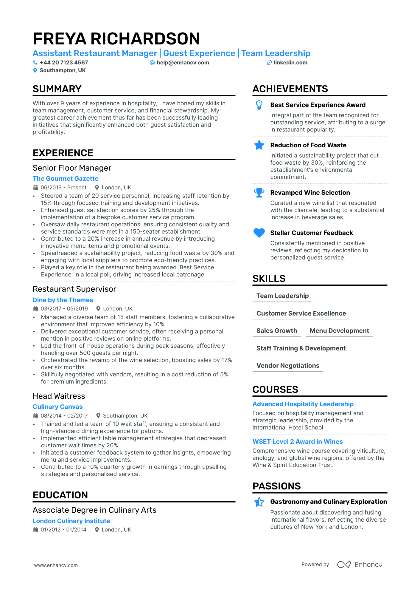 Assistant Restaurant Manager CV Examples & Guide for 2024
