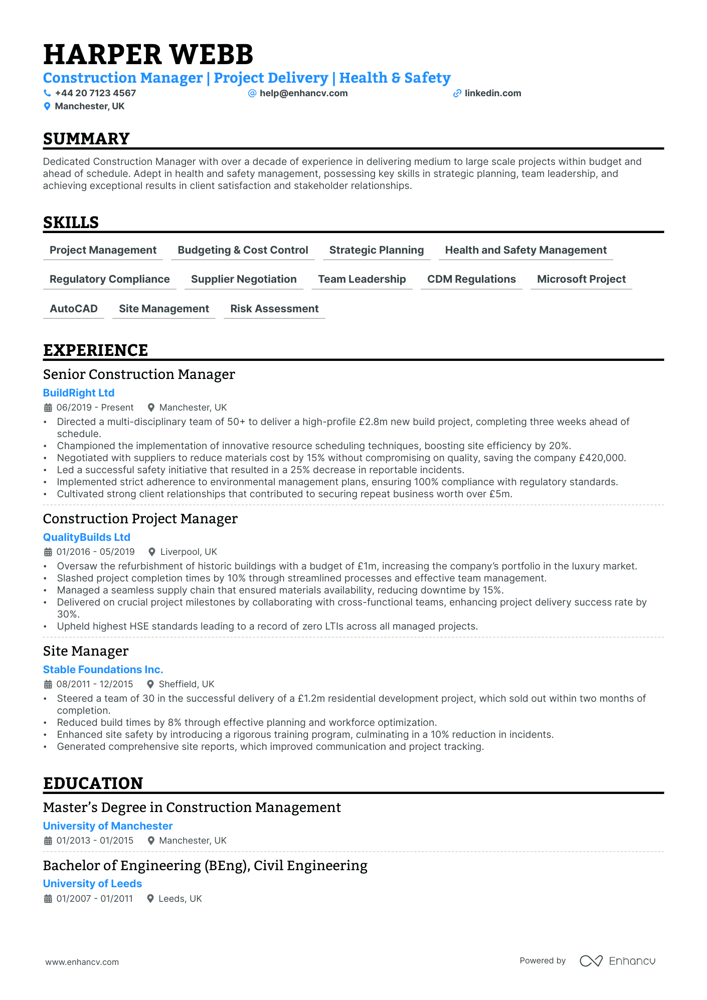 Construction Manager CV Examples & Guide for 2025