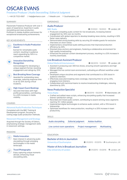 Audio Engineer CV Examples & Guide for 2026