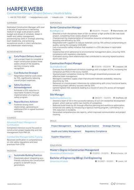 Construction Manager CV Examples & Guide for 2025