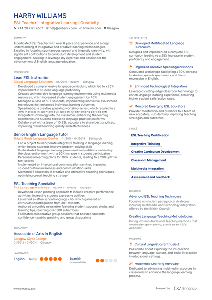 ESL Teacher CV Examples & Guide for 2025