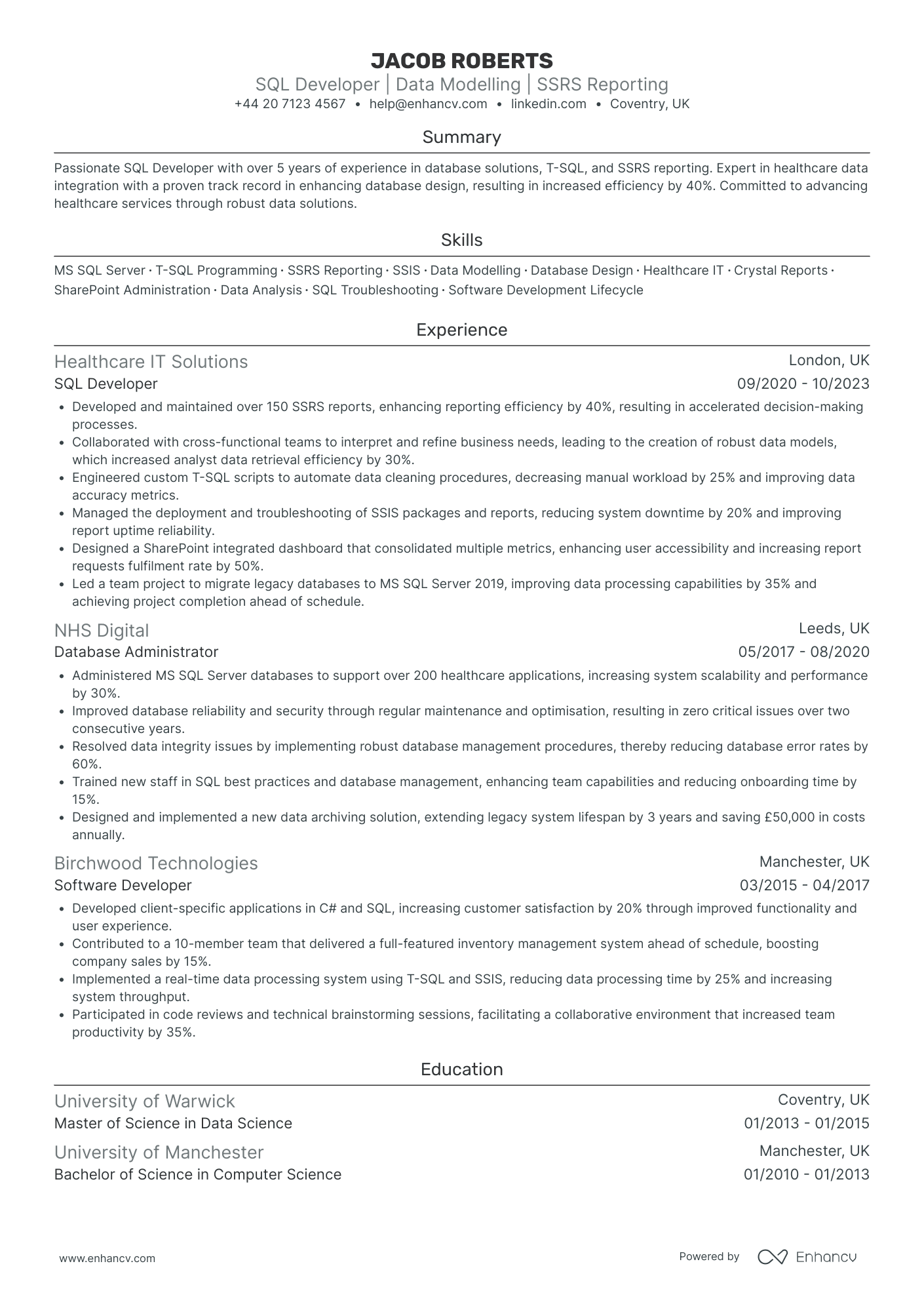 SQL Developer CV Examples & Guide for 2025
