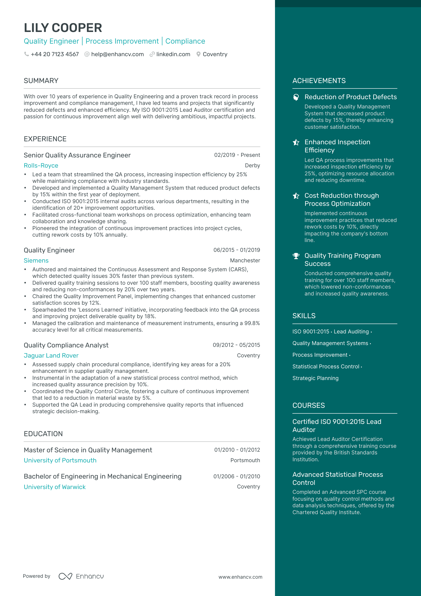 Quality Engineer CV Examples & Guide for 2025