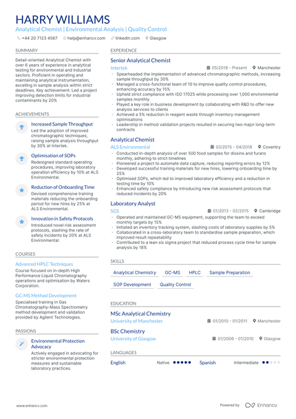 Chemist CV Examples & Guide for 2025